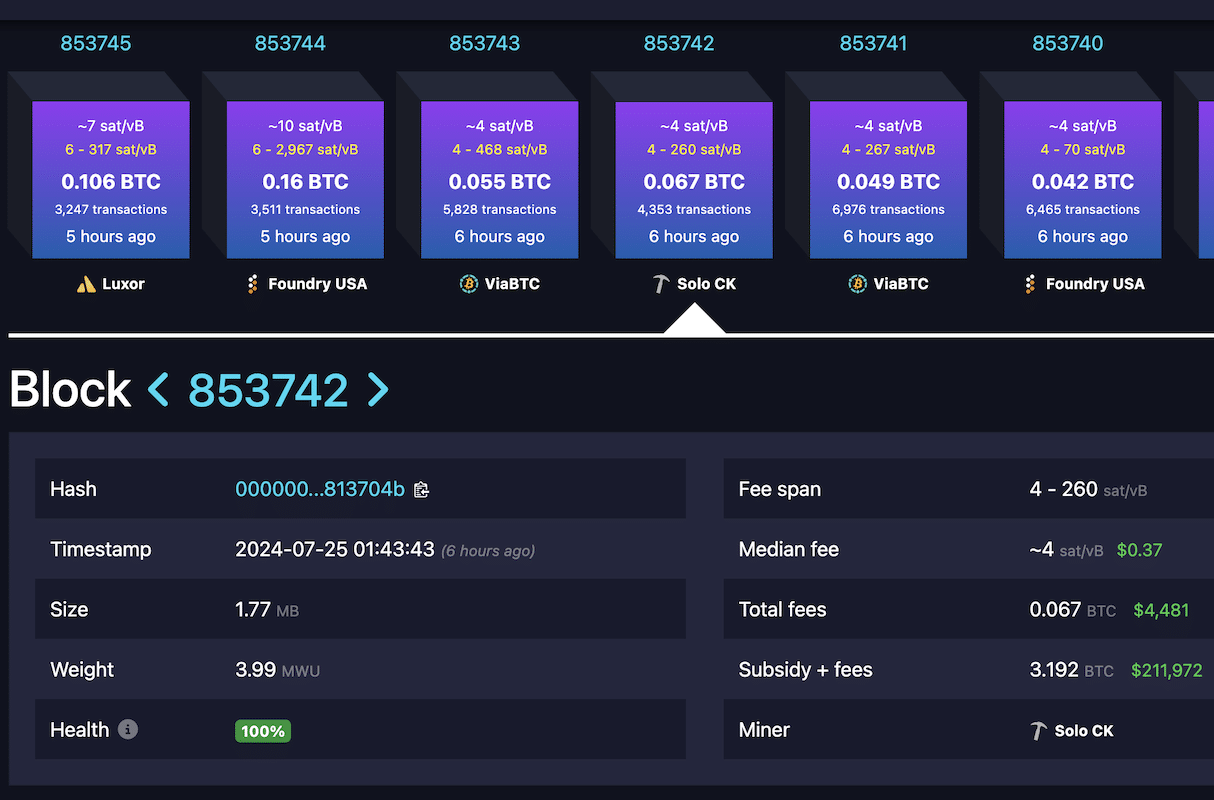 Solo Miner Mines Bitcoin Block with 3 TH/s Hashrate